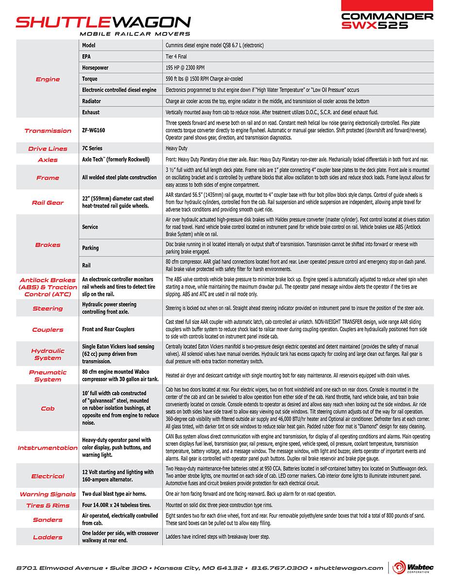 SWX 525 Spec Sheet - ShuttleWagon